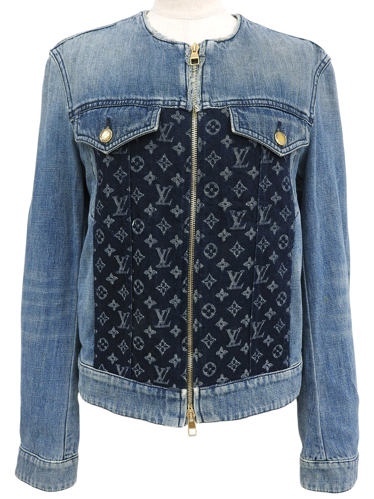 Denim monogram design collarless jacket in blue| VINTAGE QOO TOKYO | ヴィンテージクートーキョー