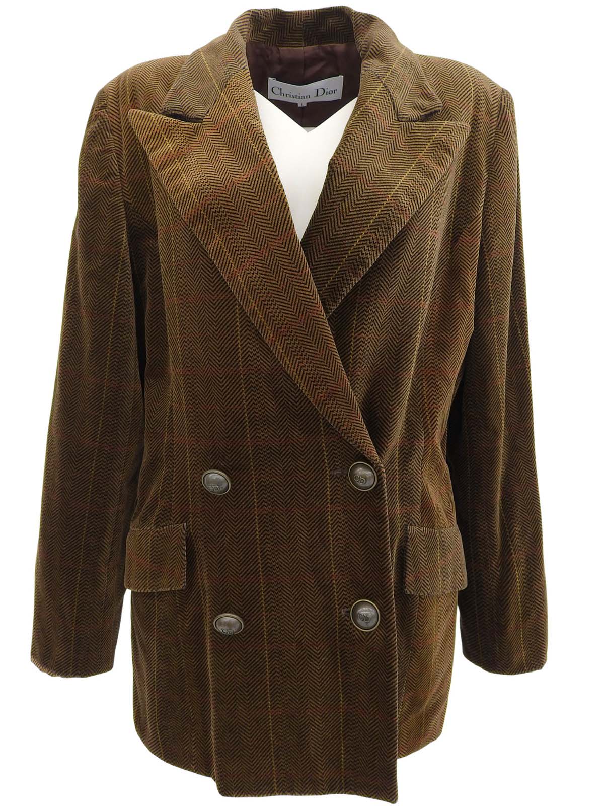 Velour Check Pattern Logo Button Jacket in Brown| VINTAGE QOO TOKYO ...